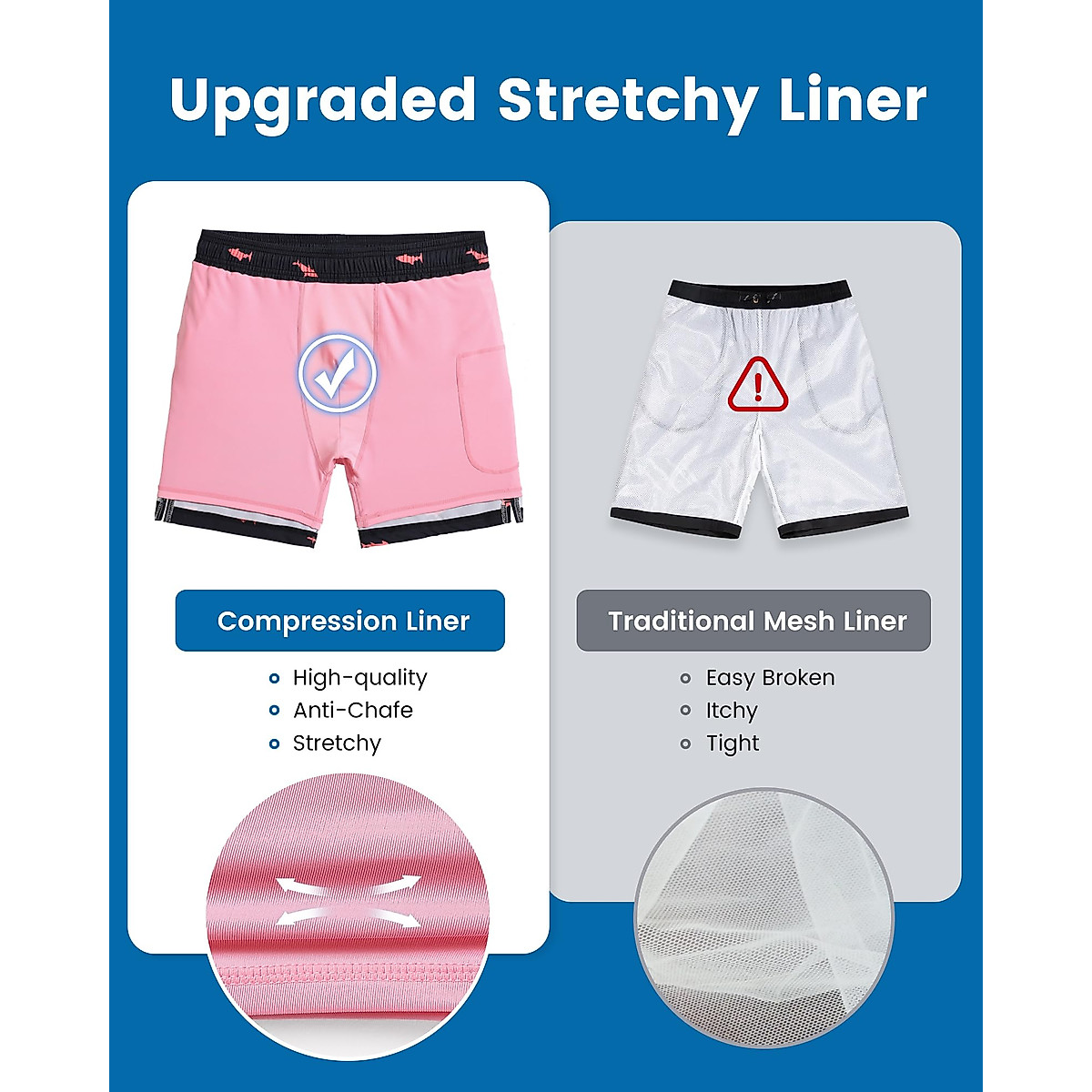 maamgic Mens Swim Trunks with Compression Liner 5" Stretch Beach Shorts Quick Dry with Zipper Pockets No-Chafing Board Shorts Black-Pink Shark L