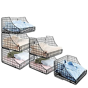 Storage Bins Closet Organizers and Storage 3 Pack, Rustic Stackable Metal Wire Basket for Clothes Toys Snacks, Open Pantry Baskets for Countertop Cabinet Living Room Black, 11.5x11.5x21inch