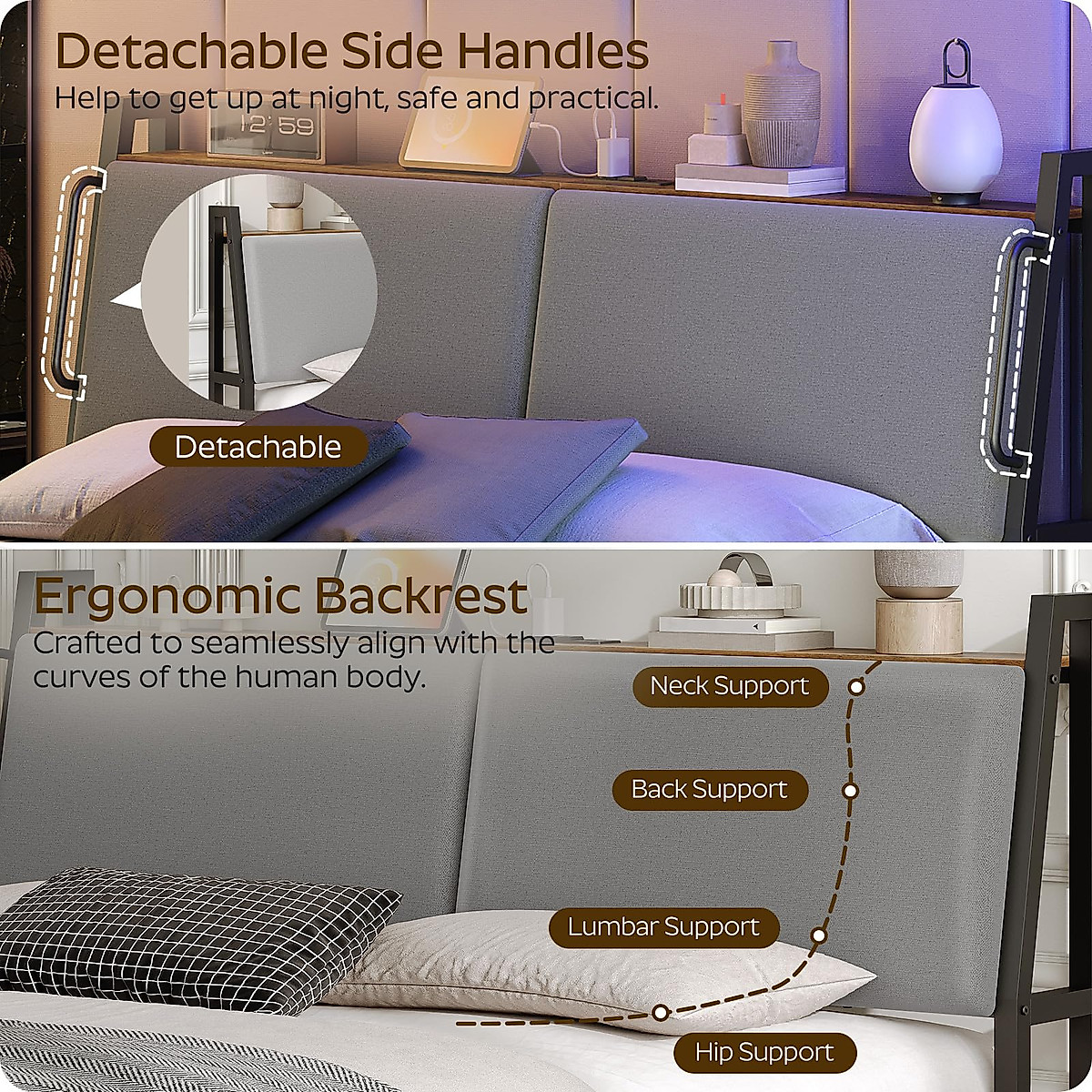 YATINEY Headboard King Size, King Headboard Only with Storage Shelf, Removable Upholstered Head Boards with Charging Station, Sturdy and Stable, Rustic Brown, Grey and Black