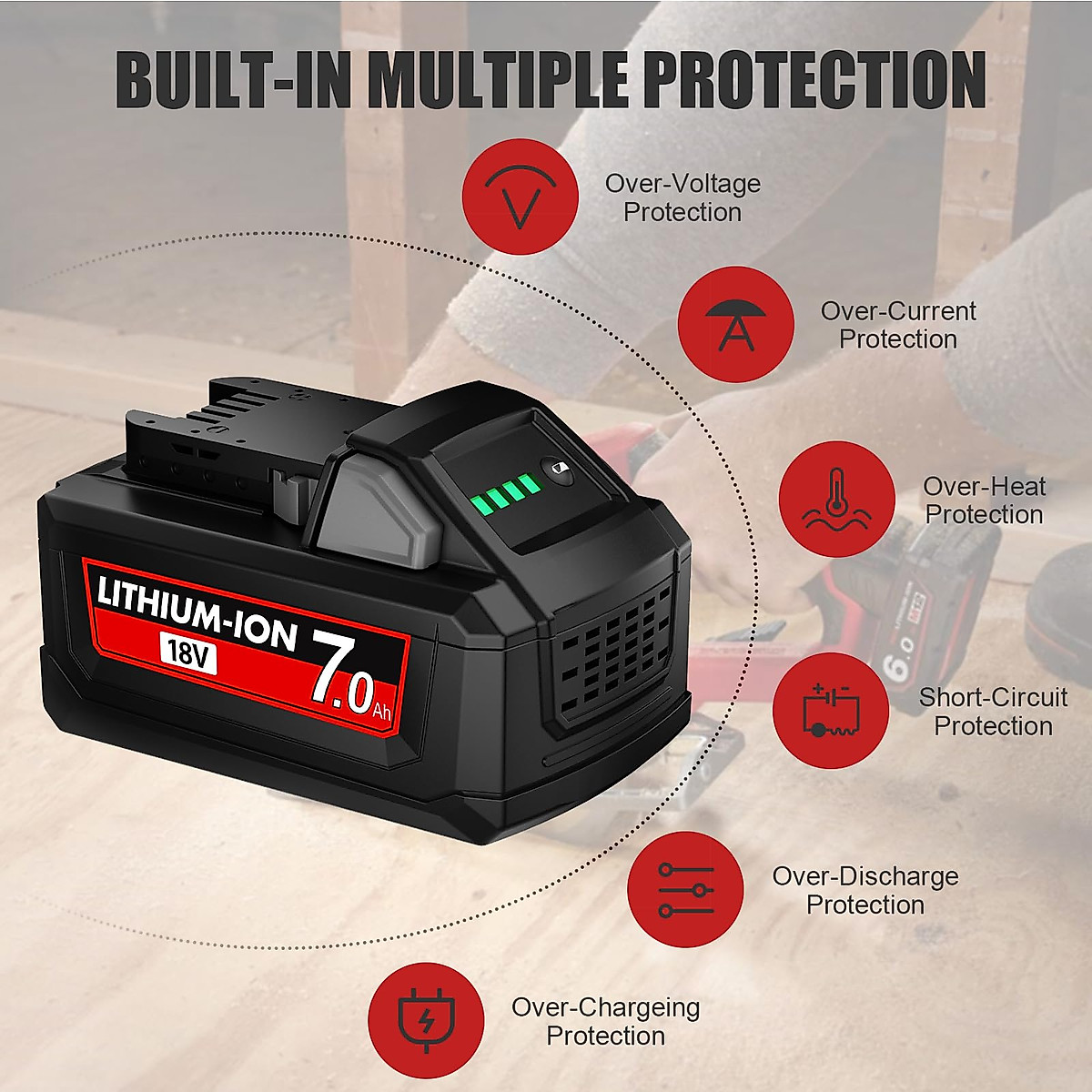 JUNWOOD 7.0Ah 18V Replacement for Milwaukee M18 Battery Compatible with 48-11-1810 48-11-1820 48-11-1850 48-11-1828 48-11-1860 48-11-1880 Cordless Tools