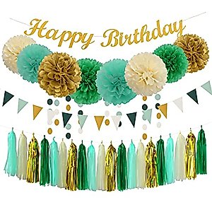 Sage-Green Beige-Gold Birthday Decorations - 31pcs Party Kits Happy Birthday Banner Flags,Tissue Paper Pom Poms,Tassel Streamers Garland Decor for 13th 18th 21th Princess Girl Woman Panduola