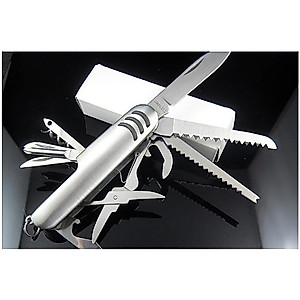 Multi Function Pocket Tools Chest Knife Stainless Steel with 11 features: knife, saw, double jagged, scissors, bottle opener, can opener, the screwdriver, file, the threading, scissors, red wine drill