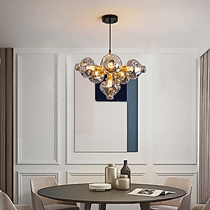 KELUOLY 6-Light Glass Chandelier, Mid Century Globe Black and Gold Hanging Ceiling Light, Smoke Grey Vintage Hanging Pendant Light for Bedroom Dining Room Kitchen Farmhouse Living Room