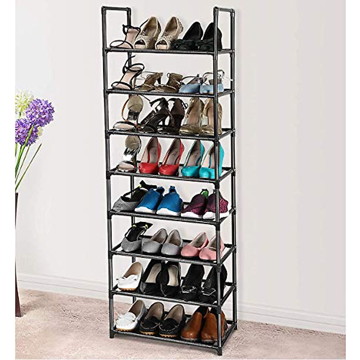 UrMsun 8 Tiers Shoe Rack 16-20 Pairs Sturdy Shoe Shelf Non-Woven Fabric Shoe Tower Organizer Cabinet Black Tall Narrow Shoe Rack