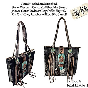 Urbalabs Western Cowhair Concealed Carry Shoulder Bag Buckle Fringe Purse Genuine Leather Handmade Stitched Handbag (Dark Brown)