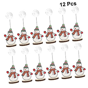 DOITOOL 12Pcs Christmas Place Card Holders, Christmas Wood Place Card Holders with Swirl Wire, Christmas Snowman Note Photos Stand for Xmas Party Wedding Party Decoration (Snowman)