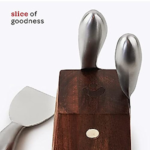 Slice of Goodness Original Cheese Knife Set - 4 Small Stainless Steel Charcuterie Board Utensils with Magnetic Acacia Wood Holder - Modern Cheese Knives