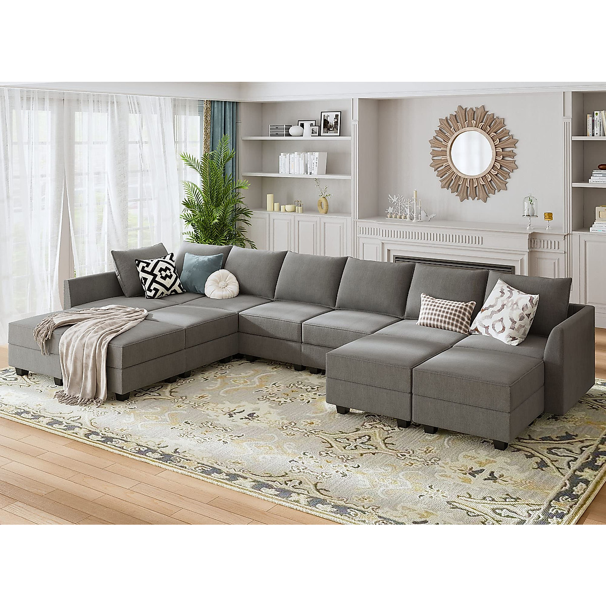 HONBAY Modular Sofa Couch with Storage Seats U Shaped Modular Sectional Sofa with Reversible Chiase Oversized Modular Sofa Sleeper Set with Ottomans, Grey