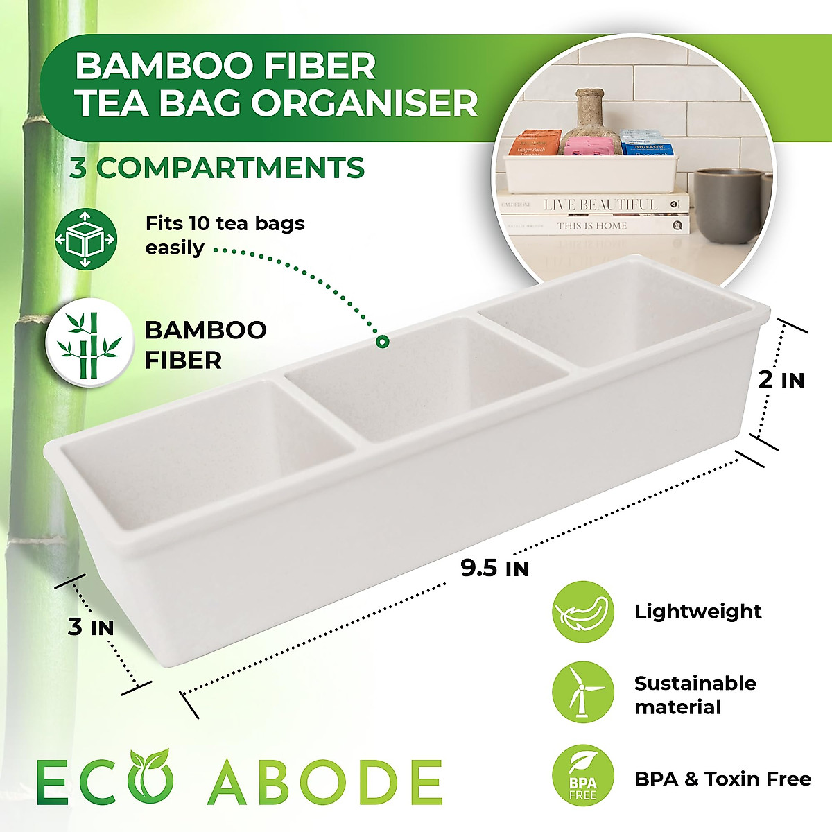 Modern Tea Bag Organizer - Small Bamboo Eco-Friendly Countertop Tea Organizer for Tea Bags - Tea Box Organizer for Hot Tea Storage, Teabag Caddy, Drink Packet Organizer, Kcup Coffee Pod Holder (White)