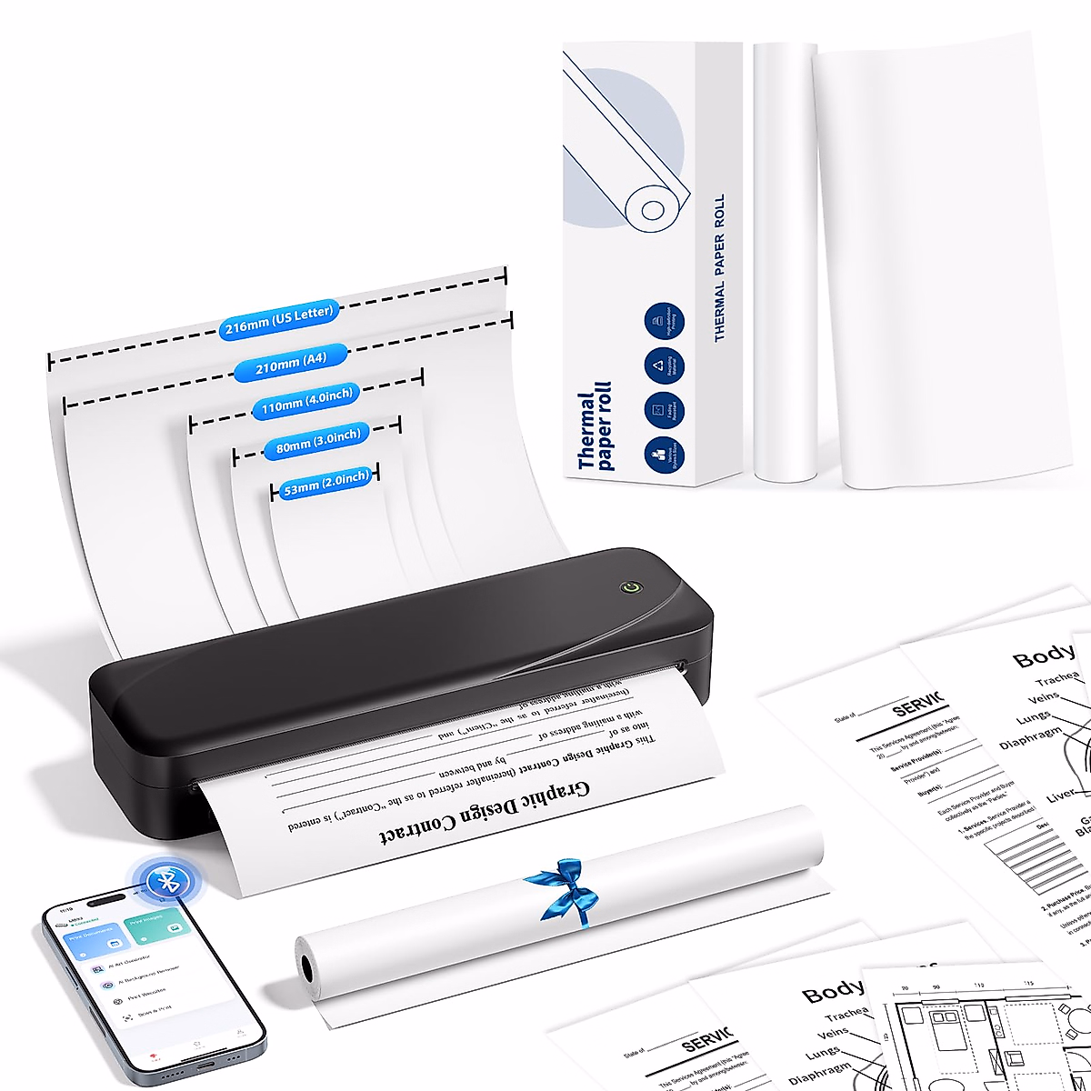 Memoking Portable Printer for Travel, Bluetooth Thermal Printer Support 8.5" X 11" US Letter & A4 Size Thermal Paper, Inkless Printer Compatible with iOS, Android & Laptop for Office, Home, School