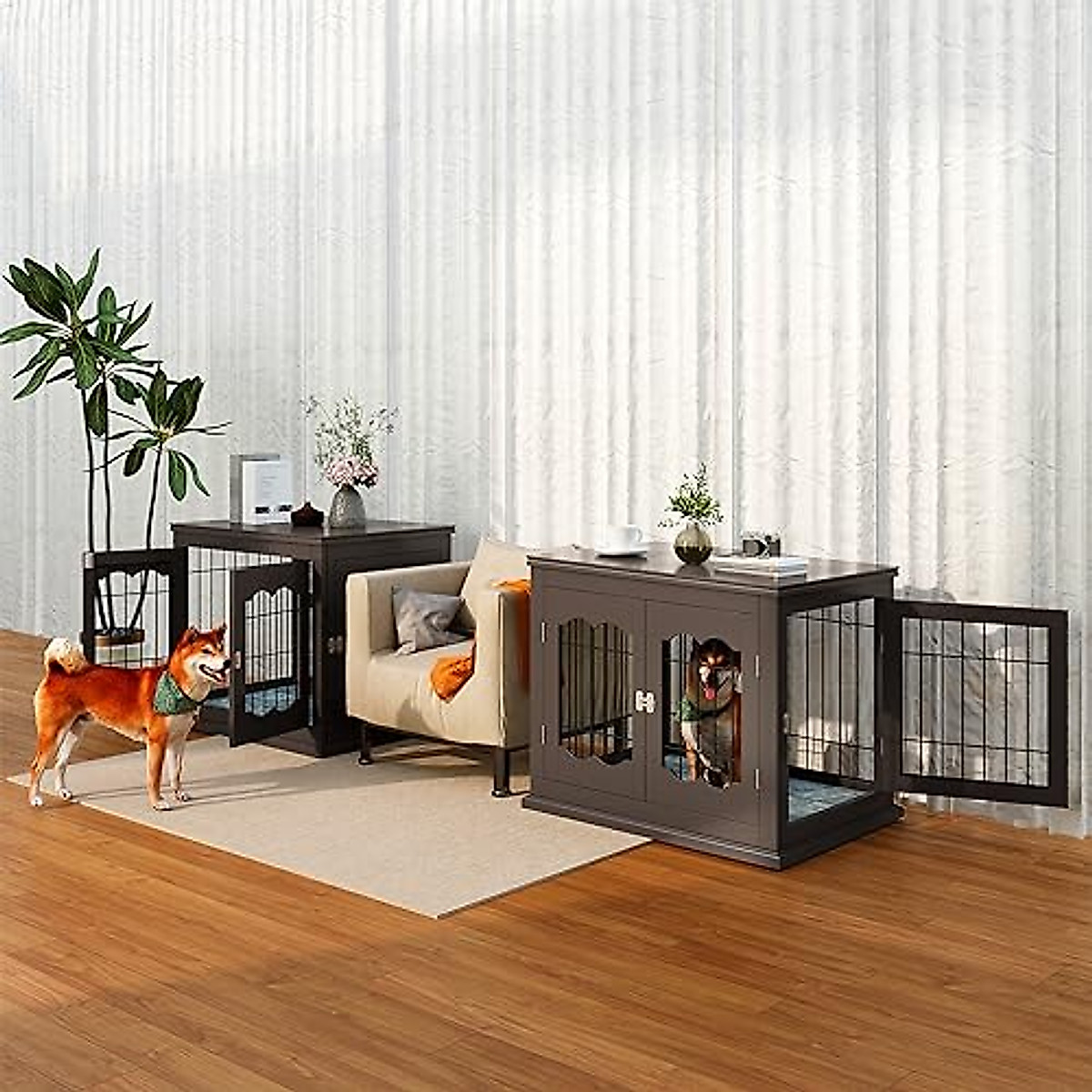4NM Furniture Style Dog Crate with Cushion, Dog Kennel, Dog Cage for Small Medium Dogs, Indoor Aesthetic Puppy Kennel, Chew-Proof Metal Bars,Pretty Cute End Side Table Nightstand- Espresso