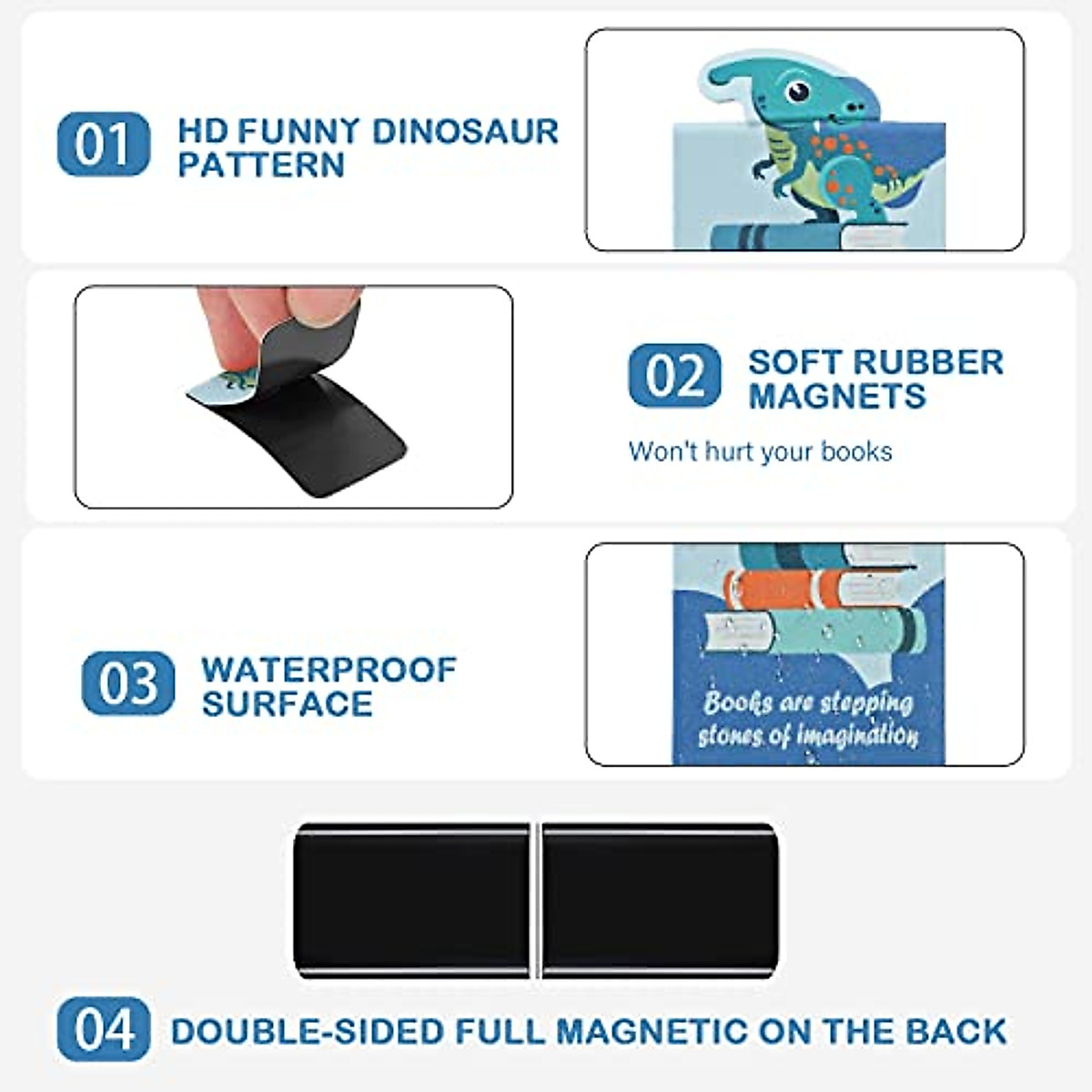 MWOOT 30Pcs Dinosaur Magnetic Bookmarks for Kids, Cute Magnet Page Markers Kit for Book Lover, Creative Magnetic Page Clips Bookmark Supplies for Students School Reading Lovers(15 Styles,4.5x3CM)