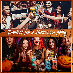 Umigy 12 Pcs Halloween Cups 16oz Halloween Mason Jar with Lid Straw Halloween Tumbler Ghost Iced Coffee Cups Beer Glassware Cookie Jar Gift Drinking Water Bottles Halloween Decoration (Retro Style)