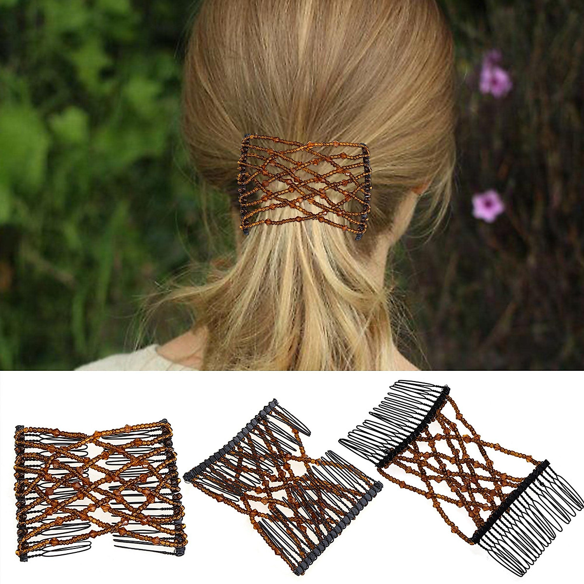 Aethland 6 Pieces Magic Hair Comb Elastic Beaded Hair Clips Women Stretchy Bride Double Slides Hairpins Combs for Women Ladies Girls DIY Hair Styling Accessories