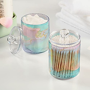 BOENLE 2 Pack Qtip Holder Dispenser Unicron Rainbow Marble Bathroom Storage Canister Lid Acrylic Plastic Apothecary Jar Set Vanity Makeup Organizer for Cotton Swab/Ball/Pad/Floss