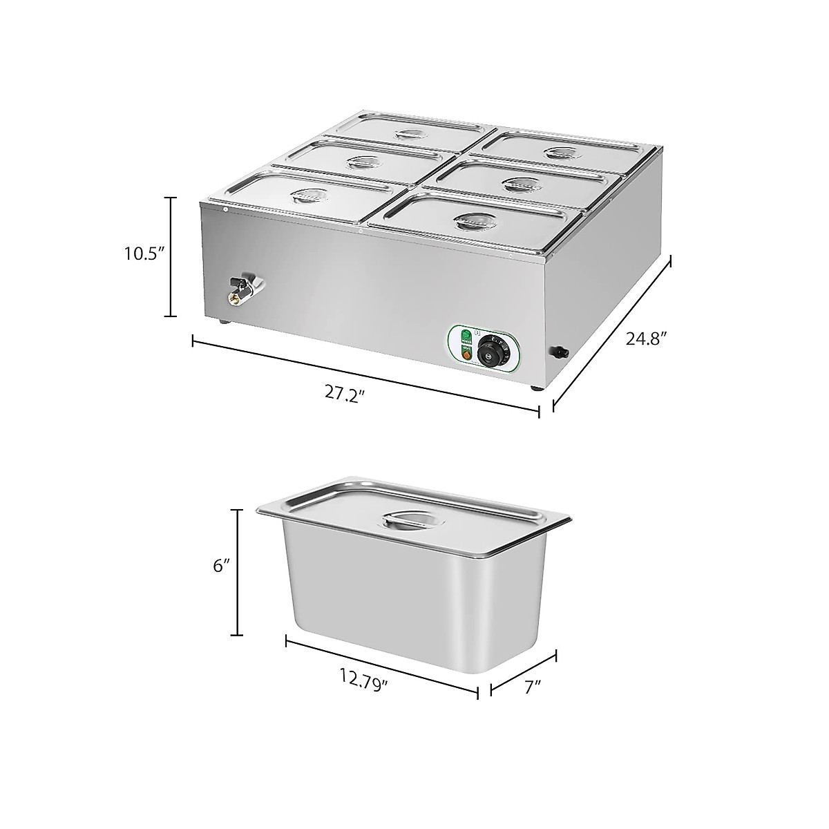 6-Pan Commercial Bain Marie Buffet Food Warmer Large Capacity 42 Quart,110V 1500W Electric Steam Table 6inch Deep Stainless Steel Countertop Food Warmer for Parties, Catering and Restaurants