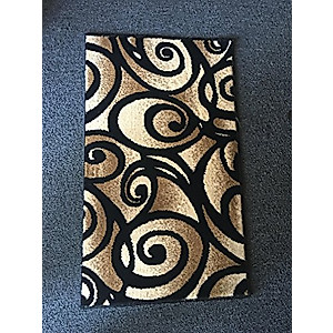 Bellagio Modern Doorway Mat Contemporary Area Rug Black Beige Abstract Swirl Design 341 (2 Feet X 3 Feet 4 Inch)