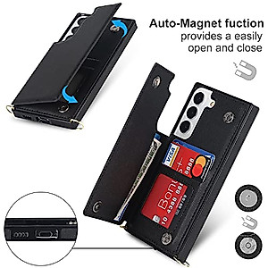 DEFBSC Compatible with Samsung Galaxy S21 FE Case, Crossbody Wallet Case, Adjustable Detachable Lanyard Neck Strap with Kickstand Leather Card Holder Protective Cover-Black