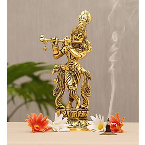 Orbit Art Gallery Gold Plated Metal Handicraft Lord Krishna Bhagwan Murti Hindu God Kanha Ji Idol for Gift Puja Item