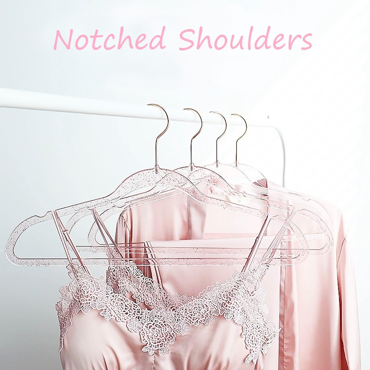 Pink Clothes Hangers 16", 20 Pack Plastic Clear Coat Hanger for Adult Closet, Durable Bling Ganchos de Ropa with Swivel Hook, Notched Shoulders & Ultra-Thin Space Saving Laundry Hanger for Dress Suits