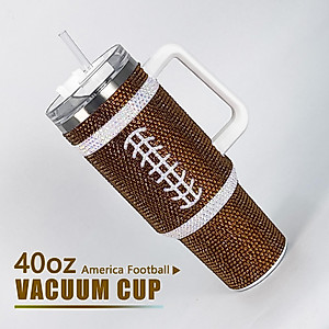 Cupcupmore 40oz America Football Bling Rhinestone Stainless Steel Sippy Tumbler Glitter Vacuum Insulated Water Bottle with Straw & Lid &Handle,Thermos for Hot & Cold Drinks,Car Cup Holder,Coffee