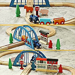 SainSmart Jr. Wooden Train Set 34pcs Figure 8 for Toddlers Kids with Train Tracks Bridge Fits Brio, Thomas, Melissa and Doug, Chuggington Wood Toy Train for 3 4 5 Years Old Boys and Girls