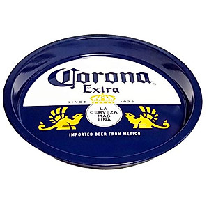 The Tin Box Company Corona Large Round Beverage Tray, Blue and White