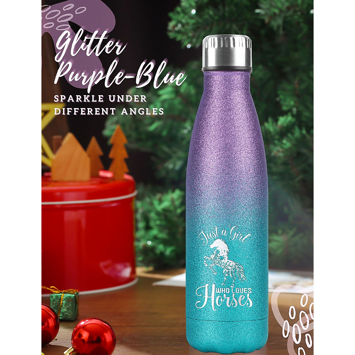 Onebttl Horse Gifts for Girls, Women, Insulated Stainless Steel Water Bottle, Horse Stuff for Equestrians, Cowgirls on Birthday, Christmas, Violet-Blue Glitter, Just a girl who loves horses