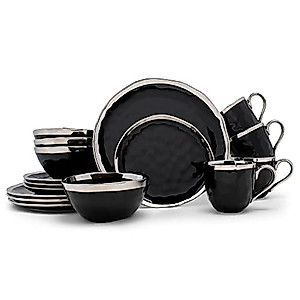 Elanze Designs 16-Piece Metallic Bubble Porcelain Ceramic Plates Bowls Mugs Dinnerware Set - Service for 4, Black With Silver Accents