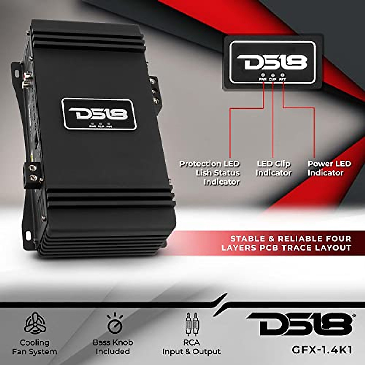 DS18 GFX-1.4K1 Car Audio Amplifier 1-Channel Class D Full-Range Monoblock 1400 Watts Rms 1-Ohm - Compact Design Easy Installation - Powerful Amp for Vehicle Sound Systems