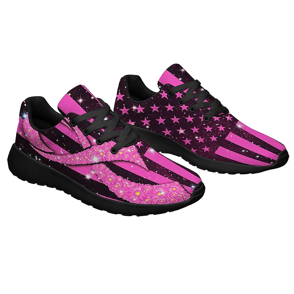 Breast Cancer Shoes for Women Lightweight Running Shoes Outdoor Fashion Cancer Pink Ribbon Sneakers Black Size 6