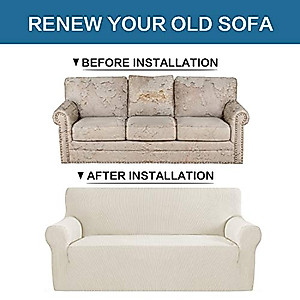 H.VERSAILTEX Stretch Chair Sofa Slipcover 1-Piece Couch Armchair Cover Furniture Protector Fit Chair Width Up to 47 Inches Soft with Elastic Bottom for Kids(One Seater Chair, Natural)