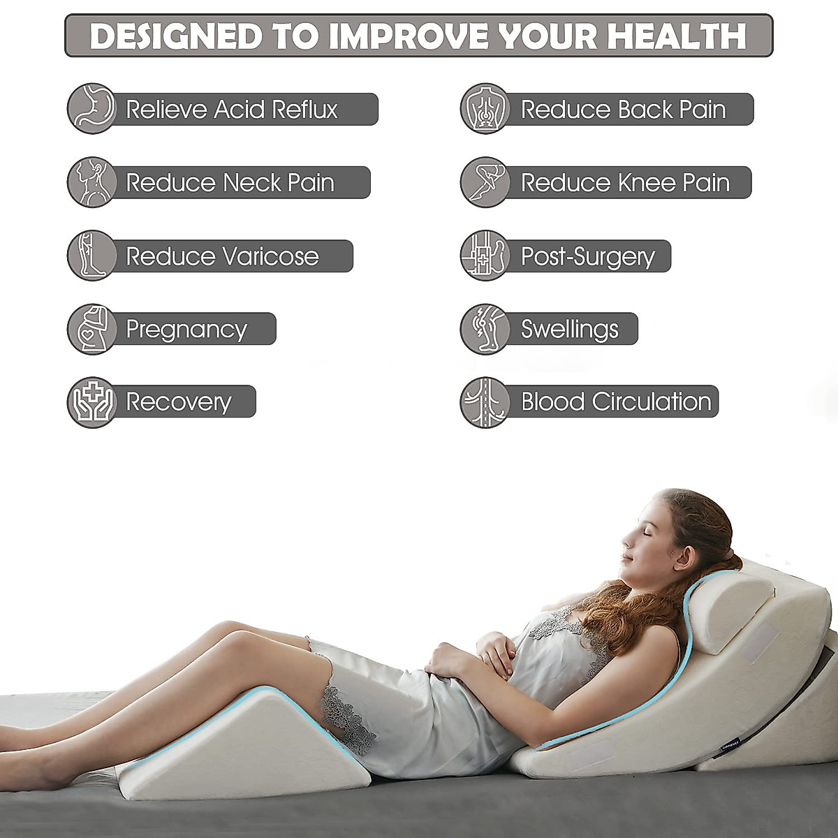 Ganaver 4pcs Orthopedic Bed Wedge Pillow Set Post Surgery Relaxing Back Adjustable Head Support Cushion Triangle Memory Foam Pillow for Acid Reflux Sleeping Reading Leg Elevation Snoring White