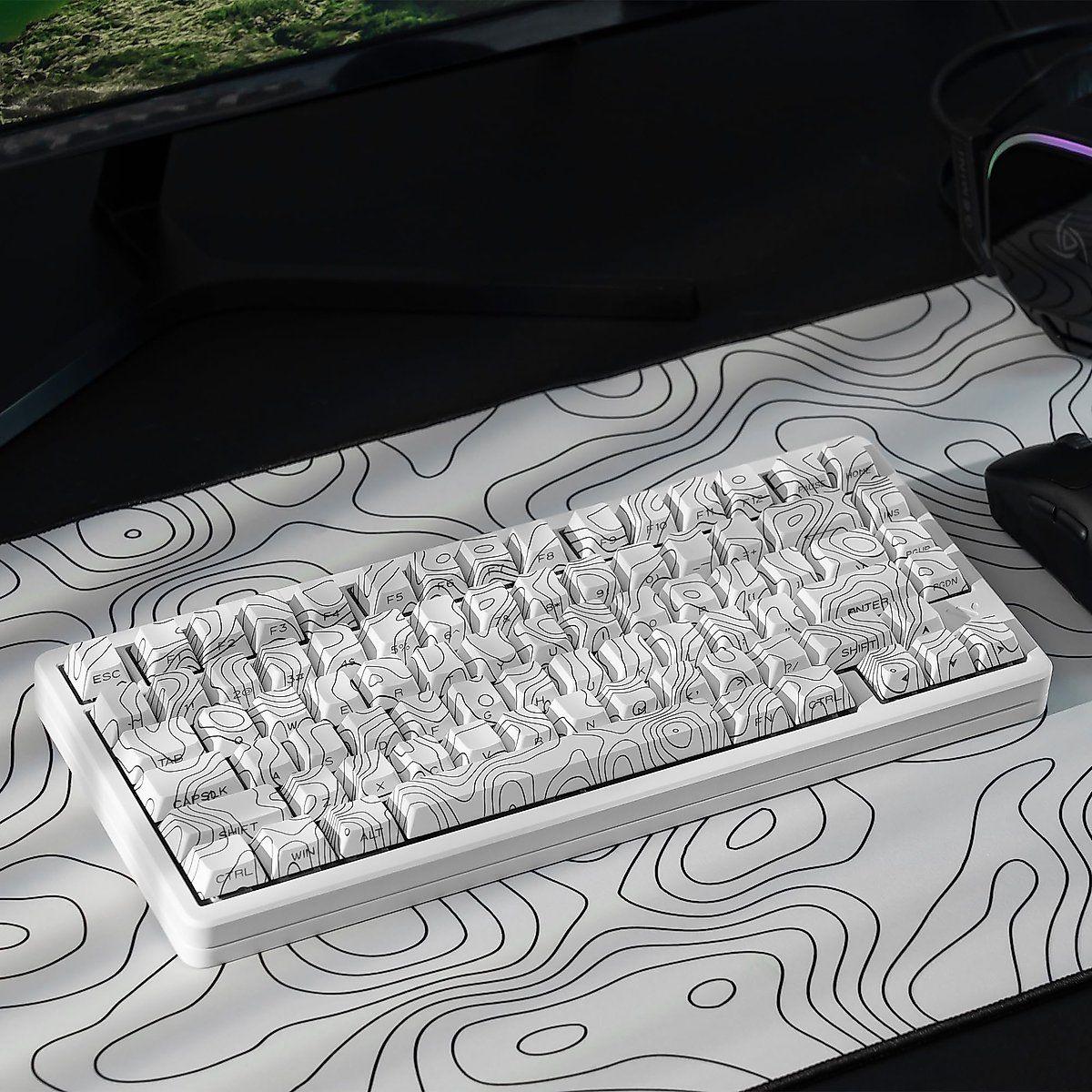 dagaladoo White Topographic keycaps Double Shot PBT keycaps Shine Through Keyboard Keys Side Printed Key caps Cherry Profile Custom keycap Set for100%, 75%, 65%, 60% US Layout Mechanical Keyboard