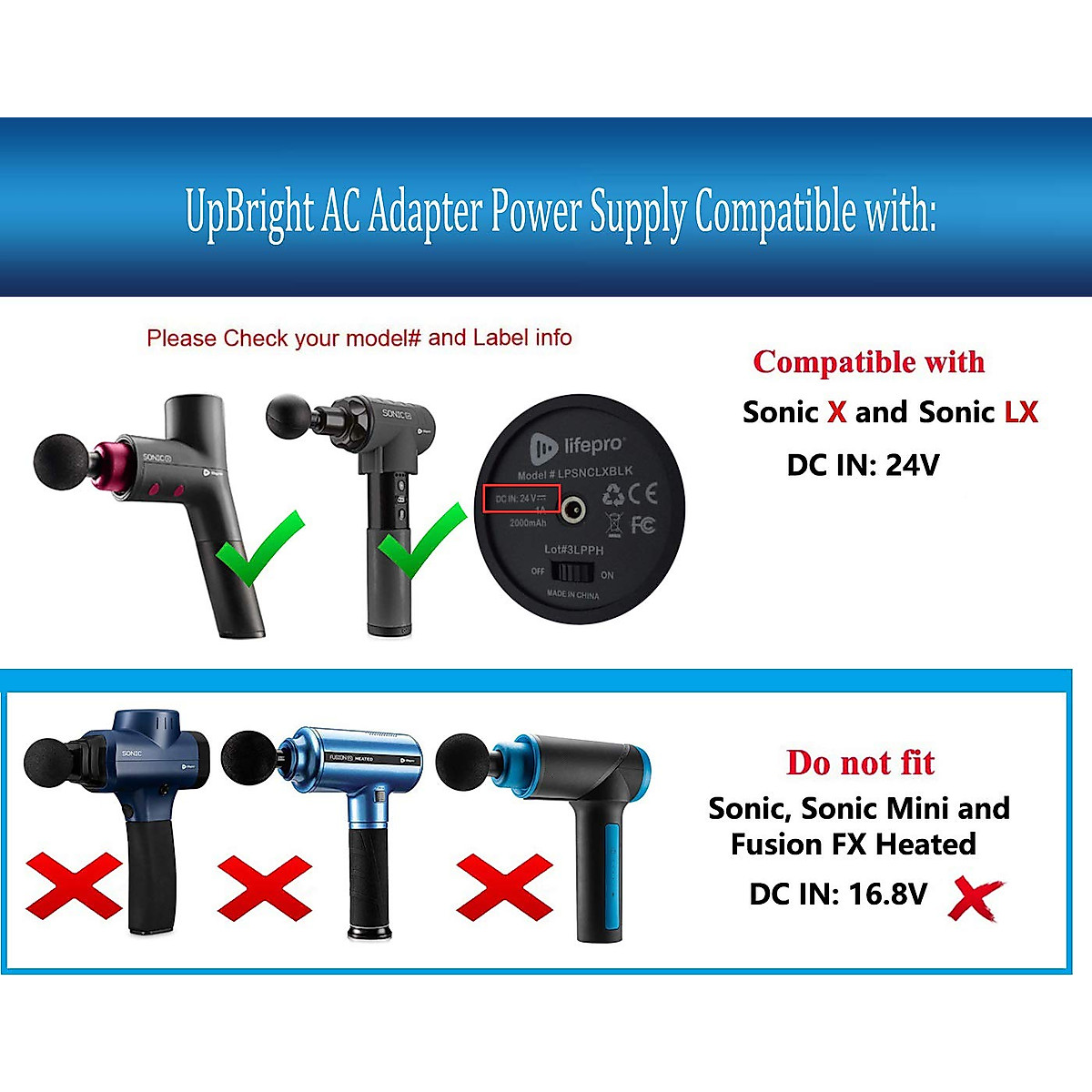 UpBright 24V AC Adapter Compatible with LifePro Life Pro Sonic X SonicX LPSNCXBLK LPSNCXBLU LX SonicLX LPSNCLXBLK LPSNCLXBLU Plus SonicPlus M1 PulseFX Pulse FX LPPLSFXBLU Massage Gun Charger(NOT 16.8V