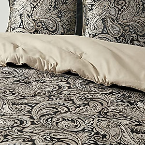 Madison Park Comforter Set, Faux Silk Jacquard Paisley Design - All Season Down Alternative Bedding with Bedskirt, Decorative Pillow, Queen(90 in x 90 in), Black 7 Piece