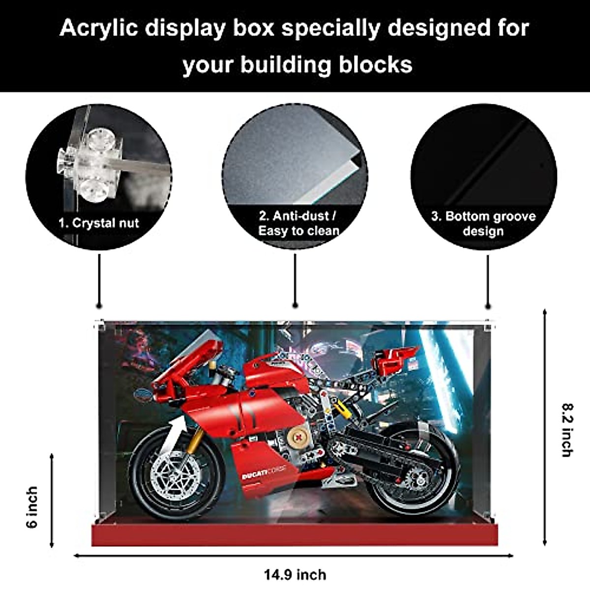 Vaodest Acrylic Display Case for Lego 42107 Ducati Panigale V4 R Set,3MM HD Dustproof Transparent Display Box for Lego 42107 Model(Box Only, Not Lego Building Set)
