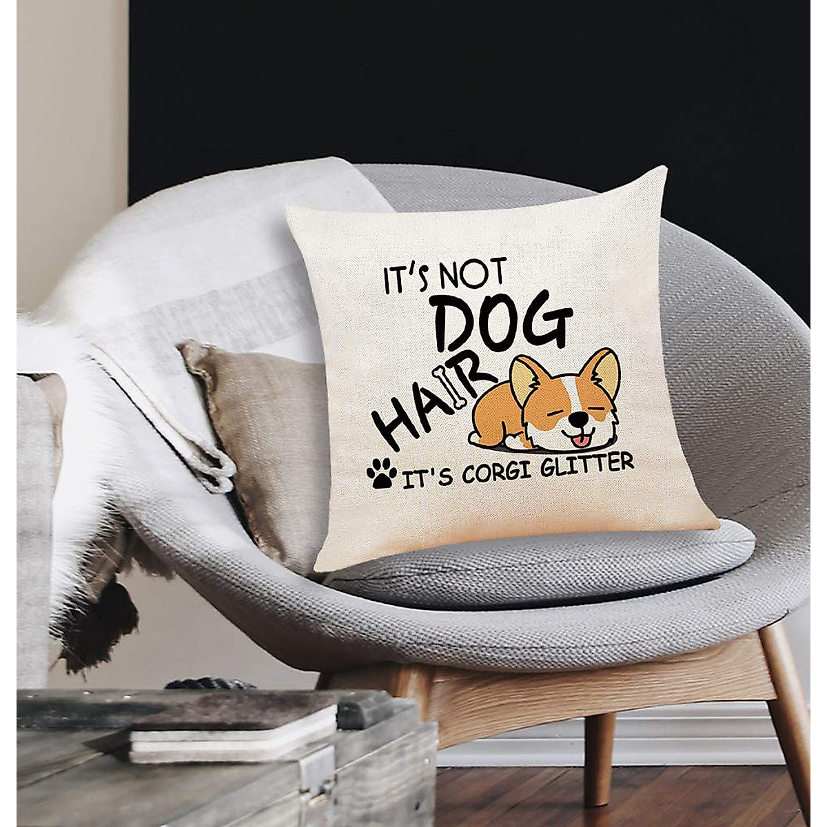 XUISWELL Funny Quote It’s Not Dog Hair It’s Corgi Glitter Cotton Linen Throw Pillow Cover, Cute Corgi Gifts for Corgi Lovers, 18 x 18 Inch Cushion Case for Sofa Bed Home Decor