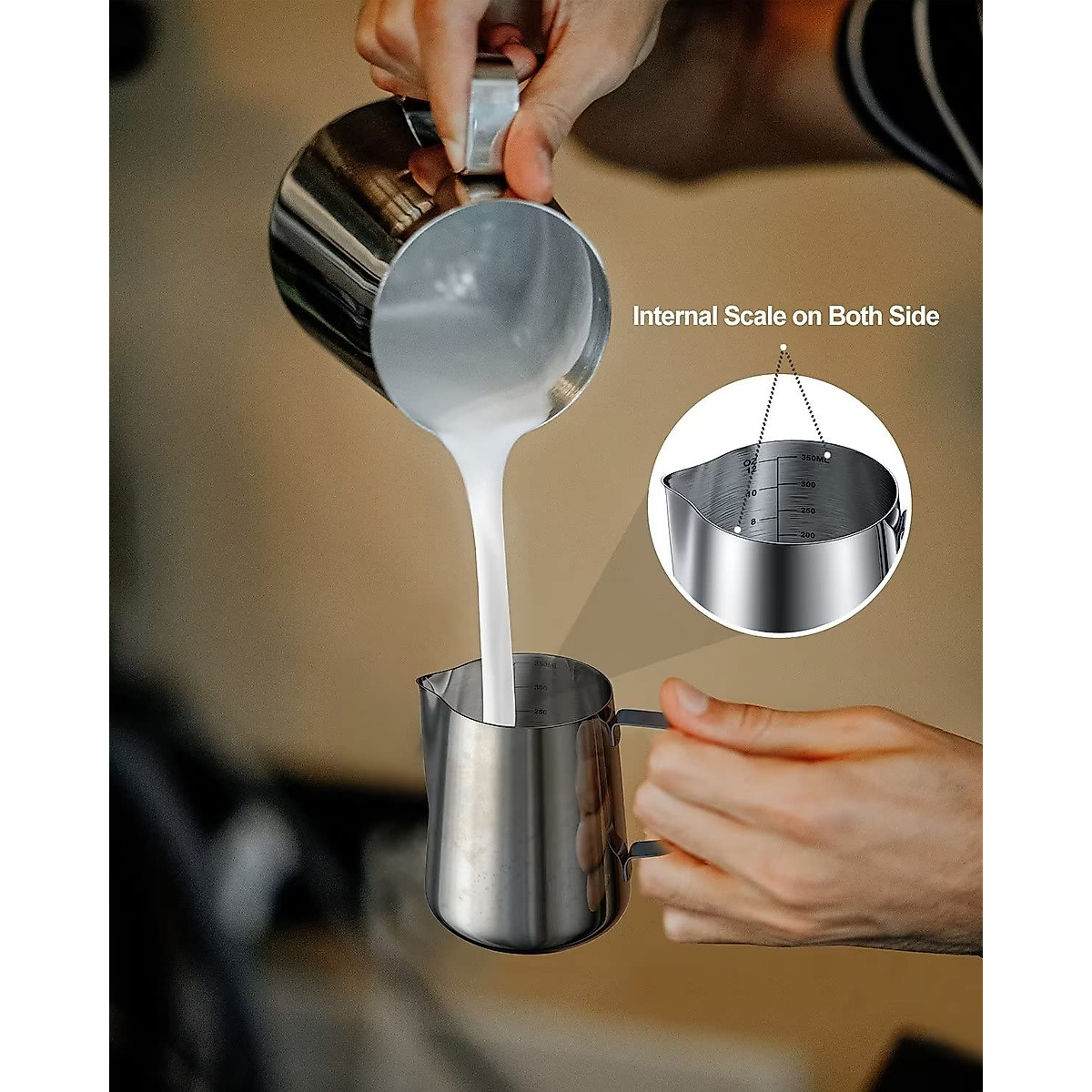 12 Ounces Stainless Steel Milk Frothing Pitcher, Measurements on Both Sides, Espresso Machine Accessories, Latte Art Cup with Insulated Handle, Creamer Pitcher for Single-Serve, No-drip or Spillage