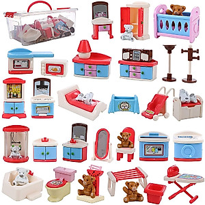 Beverly Hills Doll Collection Dollhouse Accessories Furniture and Accessory Set, All in one Bedroom, Kitchen, Laundry Room, and Bathroom 46 Piece Mega Set in a Storage Container
