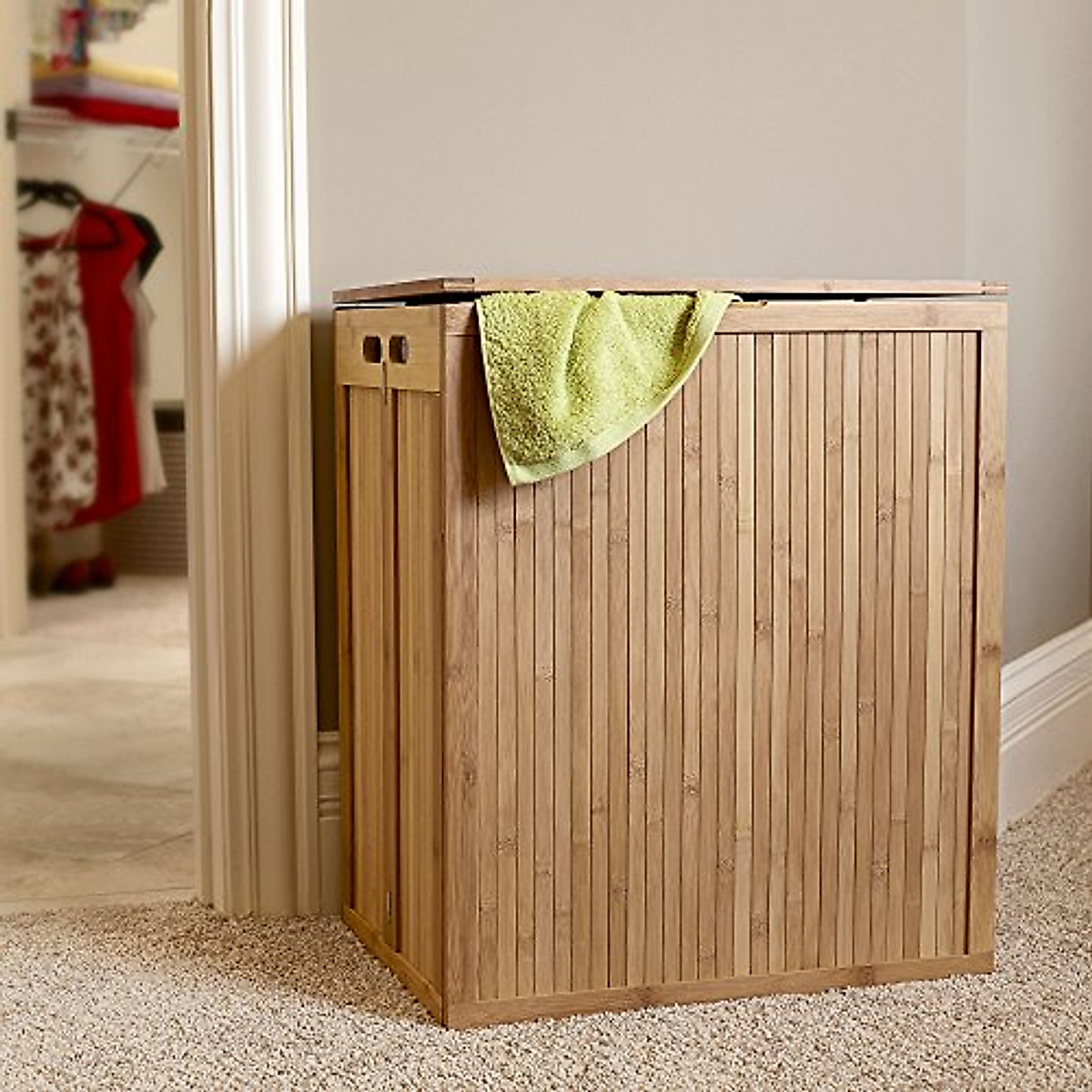 Household Essentials Folding Bamboo Laundry Hamper with Hinged Lid and Cotton Liner, Natural