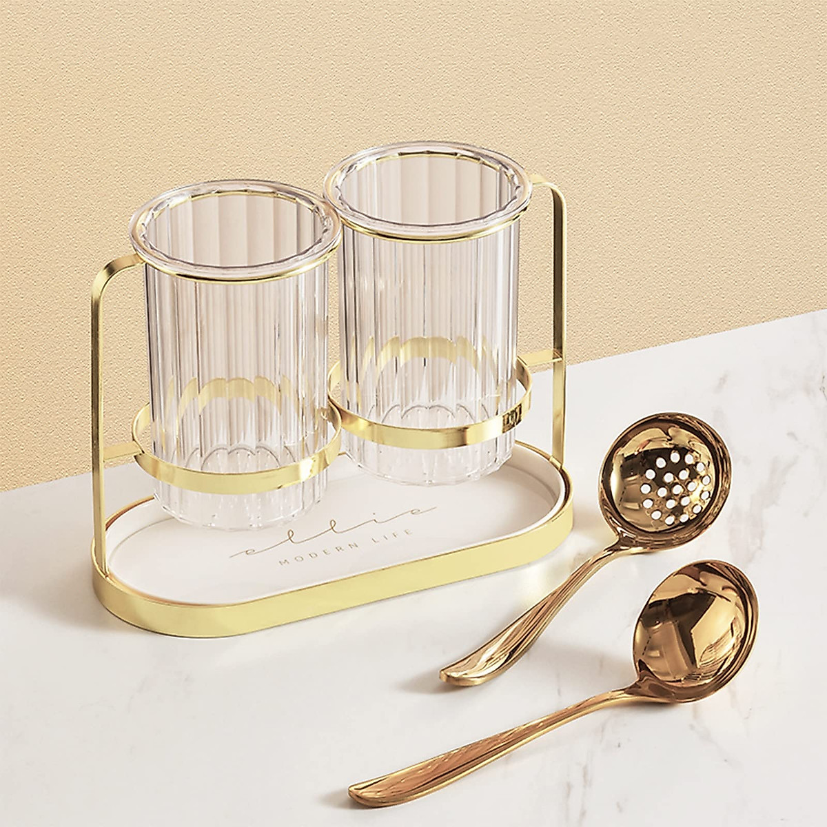 Kitchen Utensil Holder for Countertop 2 Clear White Cups with Gold Iron Frame Cooking Utensil Crock Chic Modern Cutlery Caddy Practical Utensil Pot for Counter for Fork Spoon Knife Flatware Silverware