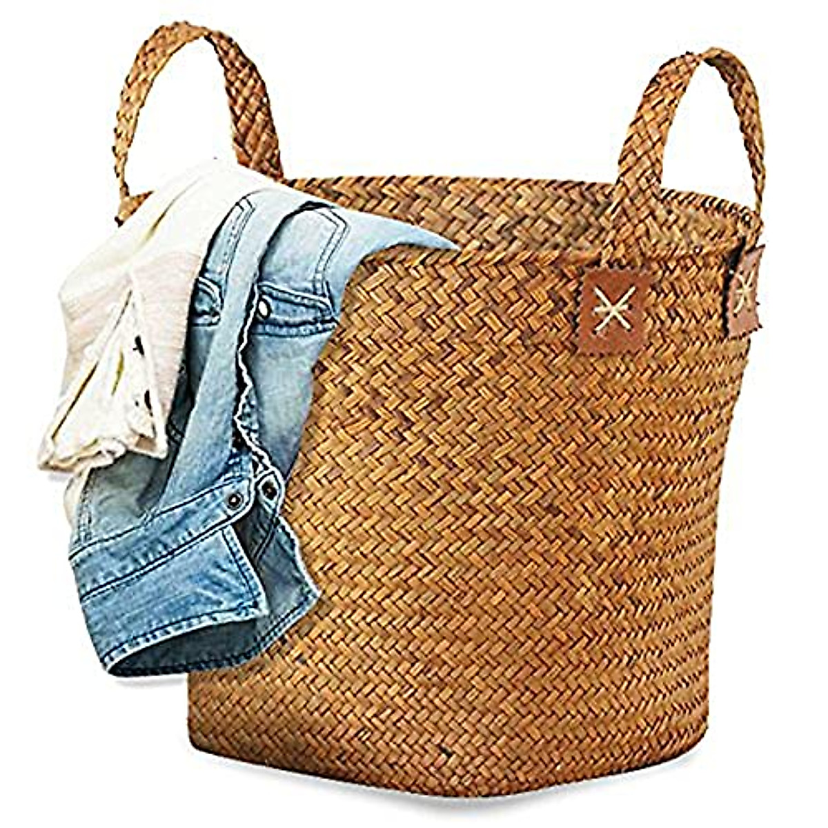 UXZDX Natural Straw Basket Trash Basket, Handmade, Practical Storage Basket with Handle