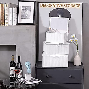 Honygebia Bamboo Decorative Storage Boxes - Set of 3 Woven Lined Storage Basket with Lids, White Wicker Lidded Baskets for Home Kitchen Shelf Organizer Decor