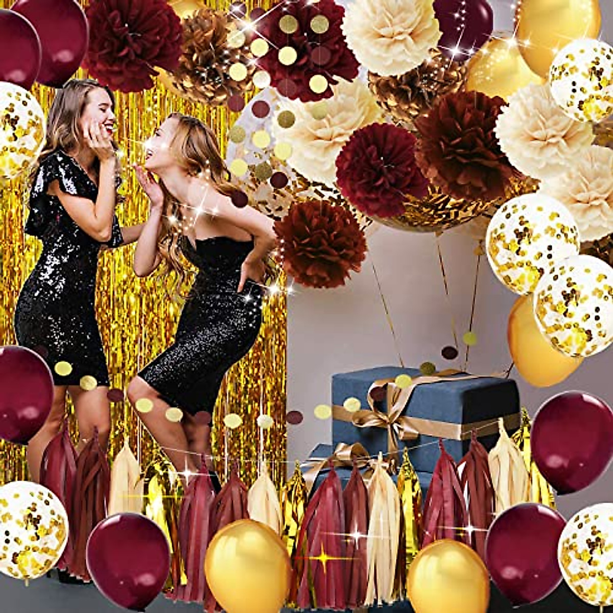 Bridal Shower Decorations Burgundy Champagne Gold Fall Bachelorette Party Decorations/Big Size Tissue Pom Pom Maroon Gold Balloons Bride To Be Banner for EngagementBurgundy Fall Wedding