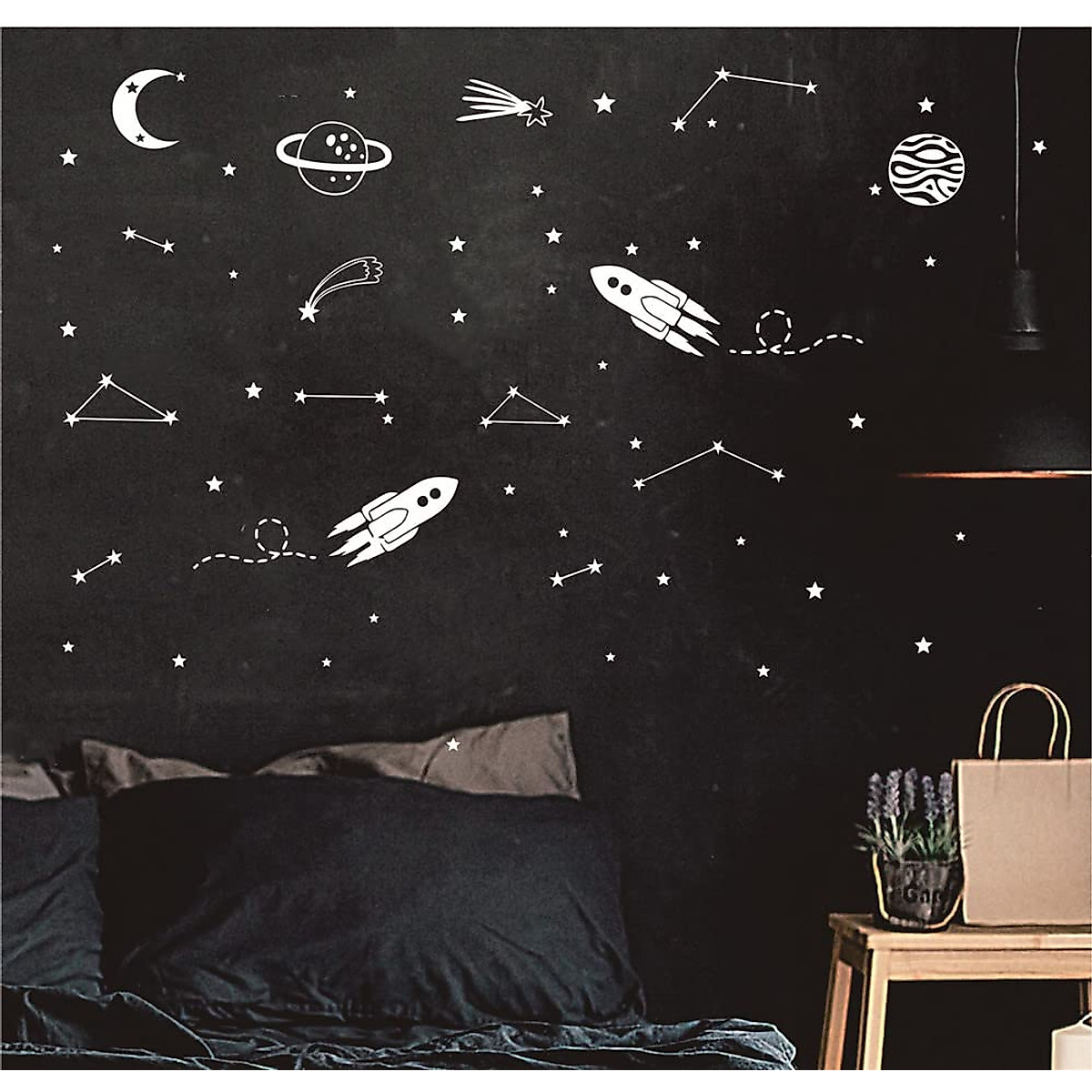 UILMNIY The Outer Sapce Spaceship Rocket Wall Decor Sticker for Kids Room Art Constellation Stars Moon Space Wall Decal for Nursery Room Bedroom Decor Mural AFN127 (White)