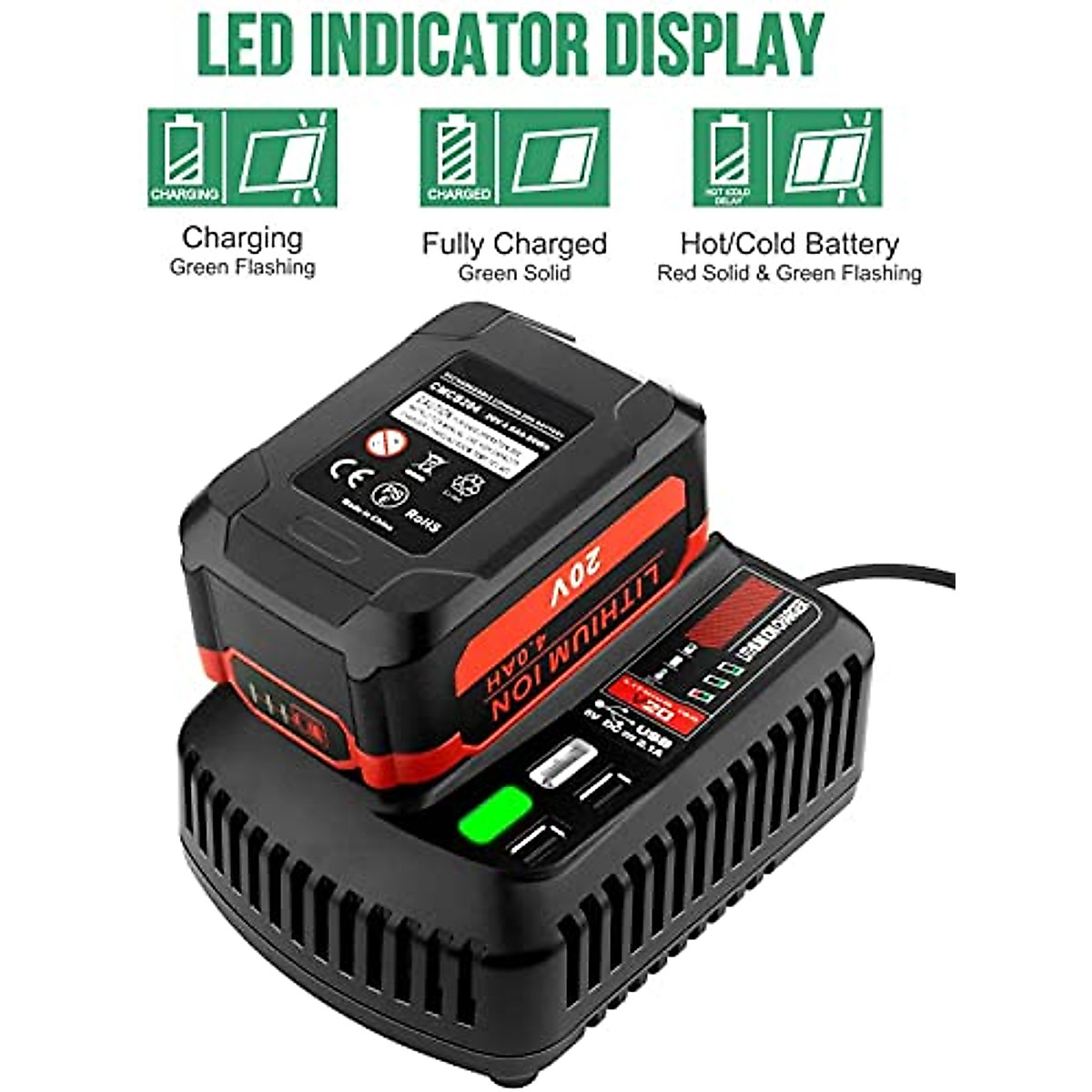 CMCB104 V20 Battery Fast Charger Replacement for Craftsman V20 Craftsman 20V max Lithium Compact Batteries Lithium Battery CMCB202 CMCB204 CMCB206 with 2 USB Ports
