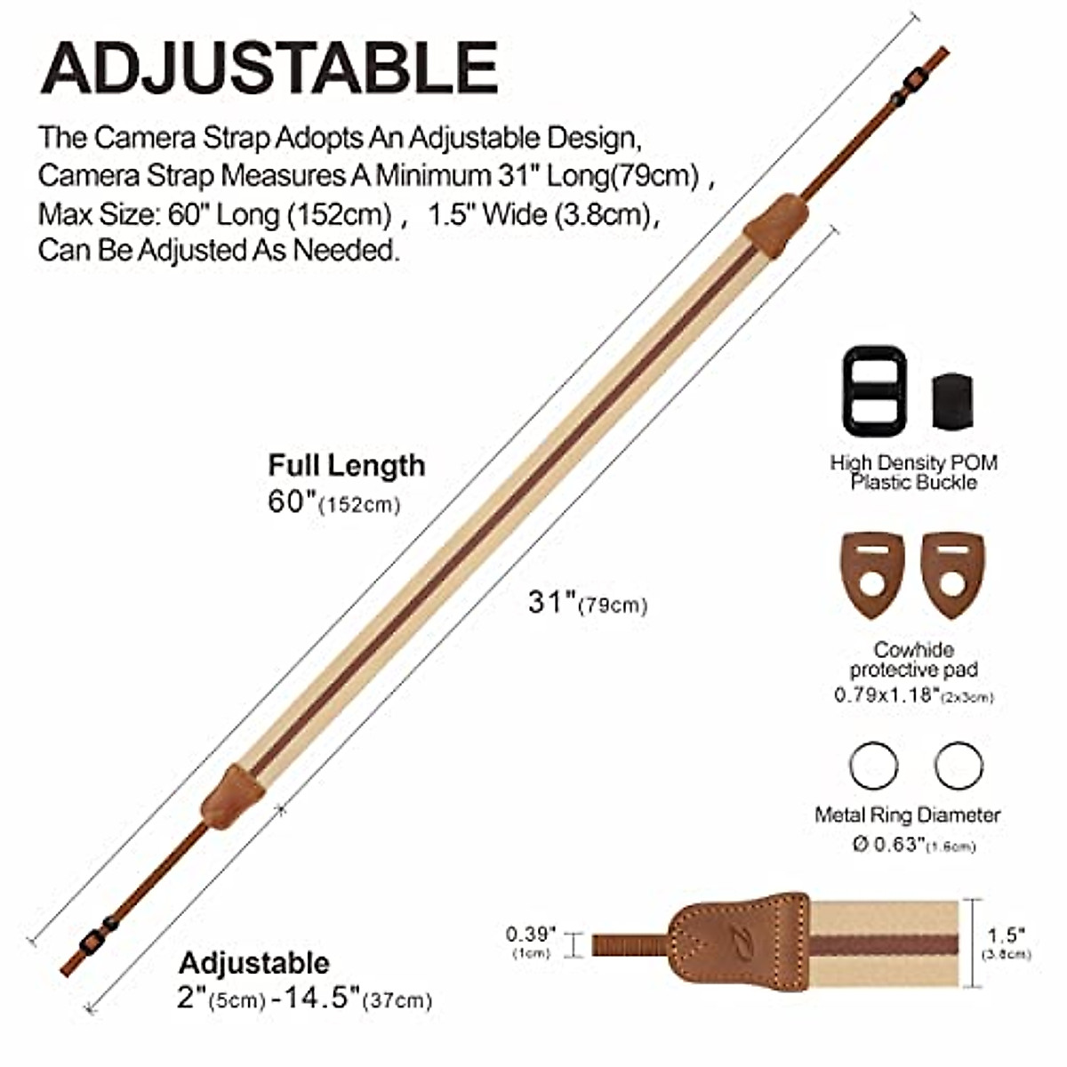 Beige Striped Camera Strap - Double Layer top-grain Cowhide Ends,1.5"Wide Pure Cotton Woven Camera Strap,Adjustable Universal Neck & Shoulder Strap for All DSLR Cameras,Great Gift for Photographers