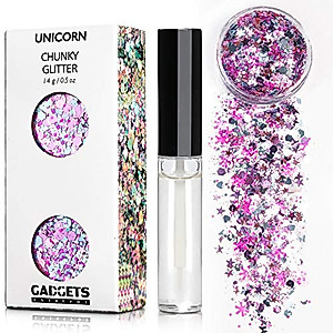 Unicorn Iridescent Holographic Chunky Glitter Cosmetic Body Hair Face Eye Nail for Festival Carnival Concert Party Beauty Rave Accessories Different Shapes 2 Pots 14g/0.5oz+ Quick Dry Primer Glue Gel