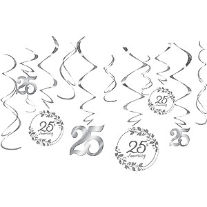 Happy 25th Anniversary Silver Foil Hanging Swirl Decorations (Pack Of 12) - 5" & 7" - Stunning Design - Perfect Table Decoration For Themed Events, Parties, Special Occasions, & More